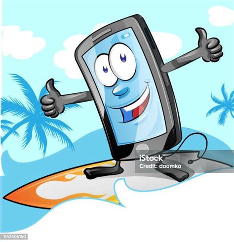 การ์ตูนตัวละครนักโต้คลื่นมือถือสนุก ภาพประกอบสต็อก ดาวน์โหลดรูปภาพตอนนี้ กระดานโต้คลื่น