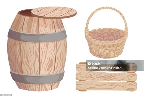 빈 나무 농장 통 상자 및 고리 버들 세공 바구니 다른 저장 용기 통 상자 및 바구니에 대 한 야채 과일 와인 꿀 와가을 수확의 벡터 그림 라벨 배너의 경우 바구니에 대한