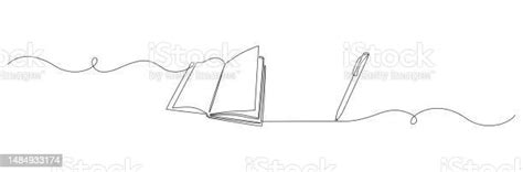 하나의 연속적인 선 그리기에서 책과 펜을 열었습니다 단순한 선형 스타일의 교육 연구 및 지식 도서관 개념 편집 가능한 획 낙서 벡터 그림 책에 대한 스톡 벡터 아트 및 기타
