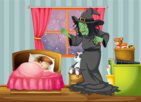 Premium Vector A Witch Looking At The Girl Sleeping Inside The Room