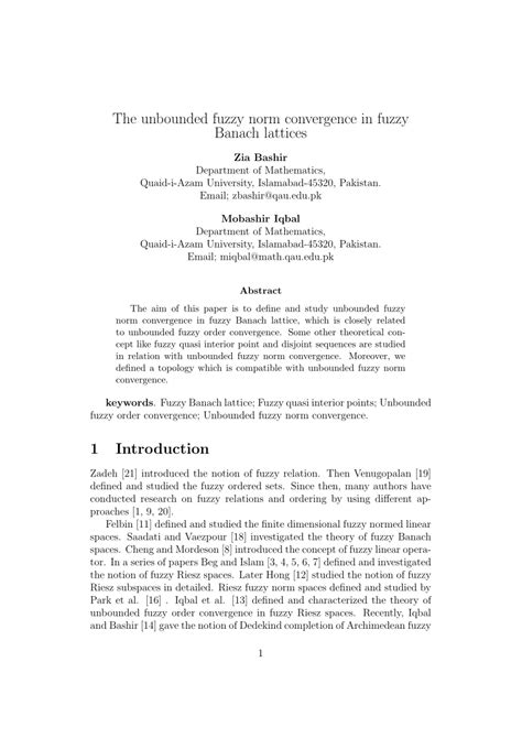 Pdf The Unbounded Fuzzy Norm Convergence In Fuzzy Banach Lattices