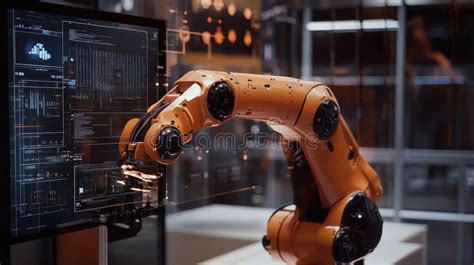 Robotic Arm Interacting With Futuristic Computer Screen Displaying Data