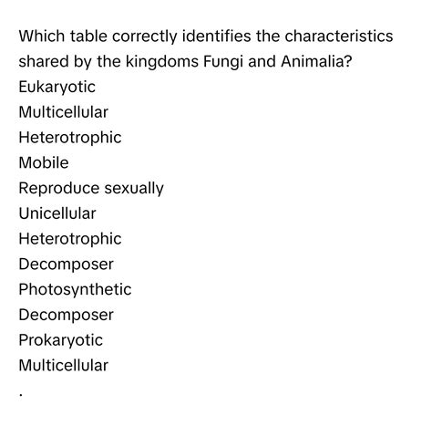 Solved Which Table Correctly Identifies The Characteristics Shared By The Kingdoms Fungi And
