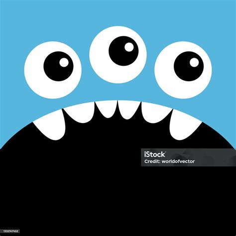 몬스터 헤드 세 눈 치아 팡 마우스 귀여운 만화 부 유령 비명 얼굴 감정 정사각형 머리 해피 할로윈 카드 플랫 디자인 스타일 파란색 배경입니다 0명에 대한 스톡 벡터 아트