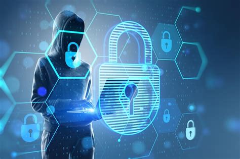 Premium Photo Hacker Using Laptop With Glowing Hexagonal Padlock