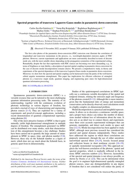 Pdf Spectral Properties Of Transverse Laguerre Gauss Modes In Parametric Down Conversion