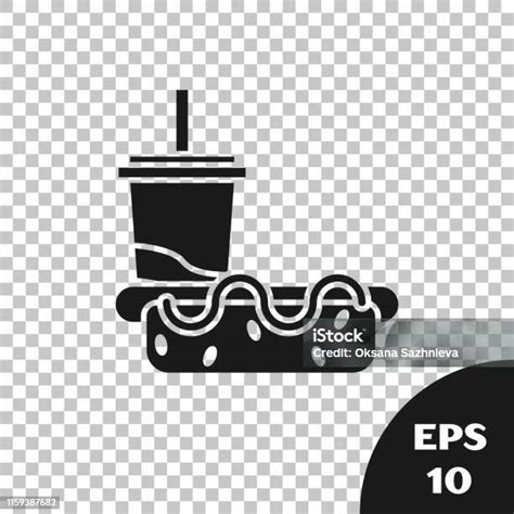 투명 한 배경에 격리 된 빨대와 핫도그 아이콘을 마시는 검은 종이 유리 소다 아쿠아 음료 표지판 햄버거 치즈 버거 샌드위치 벡터 일러스트레이션 0명에 대한 스톡 벡터 아트