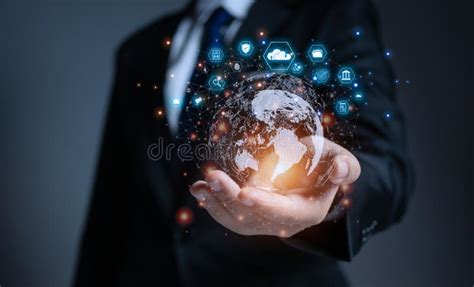 Businessman Holding Globe With Virtual Global Internet Connection Global Internet Connection