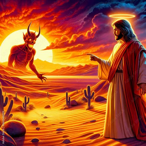 An Illustration Depicting Jesus Christ In The Desert During Sunset
