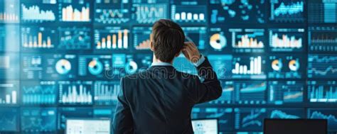 A Man In A Suit Examines A Wall Of Digital Screens Displaying Complex Data Charts In A High Tech