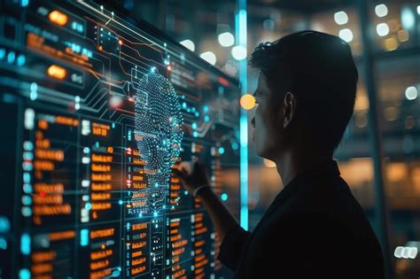 A Man Gazes At A Screen Of Blue And Orange Data Premium Ai Generated