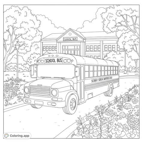 Classic School Bus At School Coloringapp