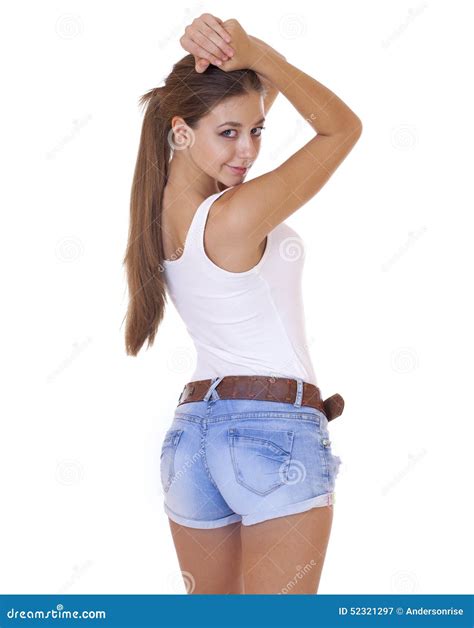 Beautiful Cheerful Teen Girl In Blue Jean Shorts Stock Image Image Of