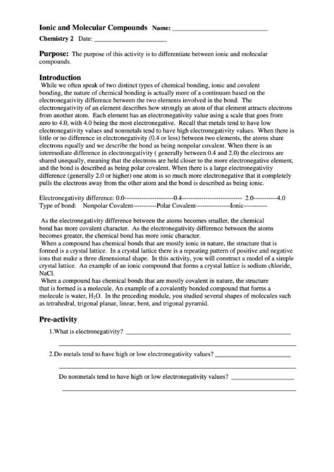Ionic And Molecular Compounds Chemistry Lab Printable Pdf Download