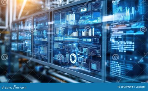 Modern Control Room Monitoring System Showing Various Data And Charts On Multiple Screens Stock