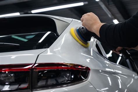 Process Of Polishing White Car Body Surface Using Orbital Polishing Machine Stock Image Image