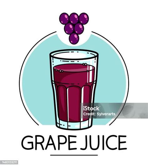 흰색 배경 벡터 일러스트레이션 만화 스타일의 로고 또는 순수한 신선한 주스 맛 있고 건강한 다이어트 음식 음료에 대한 배지에 고립 된 유리에 포도 주스 3차원 형태에 대한