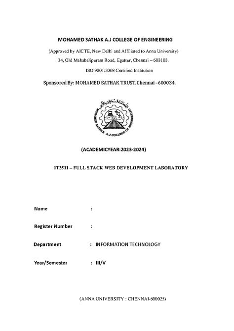It3511 Full Stack Web Development Lab Manual For Ay 2023 2024 Studocu