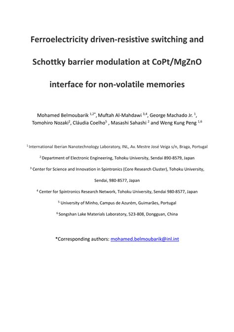 Pdf Ferroelectricity Driven Resistive Switching And Schottky Barrier Modulation At Coptmgzno