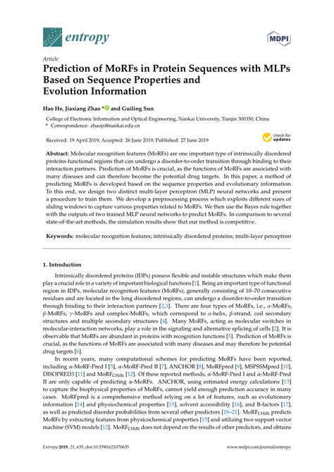 Pdf Prediction Of Morfs In Protein Sequences With Mlps Based On Sequence Properties And