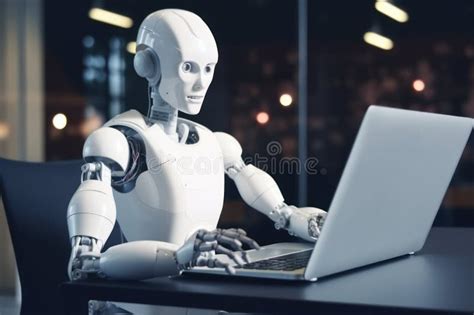 Ai Cyborg Android Robot Working With Laptop In Office Chat Gpt