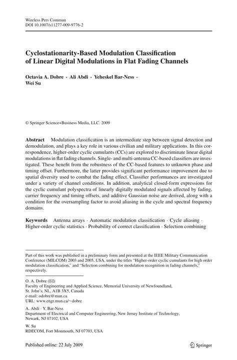 Pdf Cyclostationarity Based Modulation Classification Of Linear Digital Modulations In Flat
