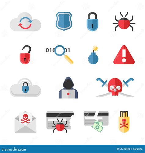 Hacker Flat Icons Set With Bug Virus Crack Worm Stock Vector