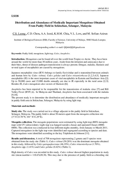 Pdf Distribution And Abundance Of Medically Important Mosquitoes Obtained From Paddy Field In