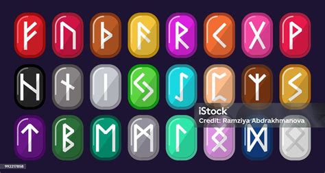 룬입니다 룬 문자 알파벳으로의 다 색된 돌 오래 된 노르웨이 사람 아이슬란드어 독일어 및 앵글로 색 슨입니다 벡터 기호입니다 기호 아이콘 개체 그룹에 대한 스톡 벡터 아트