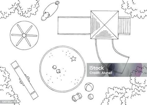 놀이터 상단 공중 보기 그래픽 블랙 화이트 풍경 스케치 일러스트 벡터 운동장에 대한 스톡 벡터 아트 및 기타 이미지 운동장