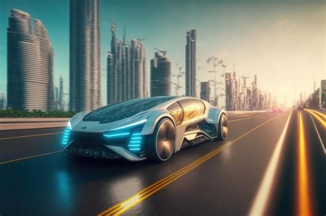 Premium Photo Fast Electric Car With Futuristic Autonomous Sensor Software Driving On Road