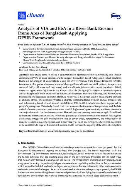 Pdf Analysis Of Via And Eba In A River Bank Erosion Prone Area Of Bangladesh Applying Dpsir