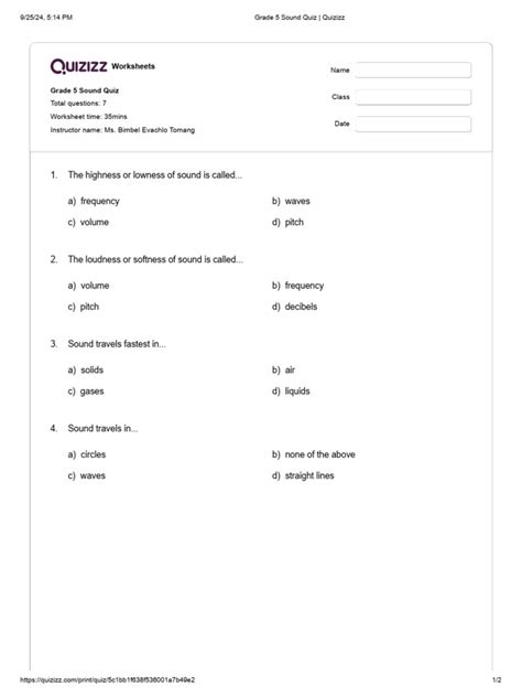 Grade 5 Sound Quiz Worksheet Pdf Sound Pitch Music