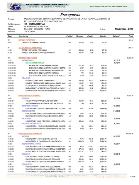 Presupuesto Estructuras Iei Tulacollo Pdf Hormigón Ingeniería