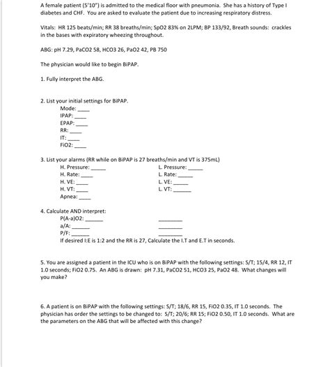 Solved Initial Settings For Bipap A Female Patient