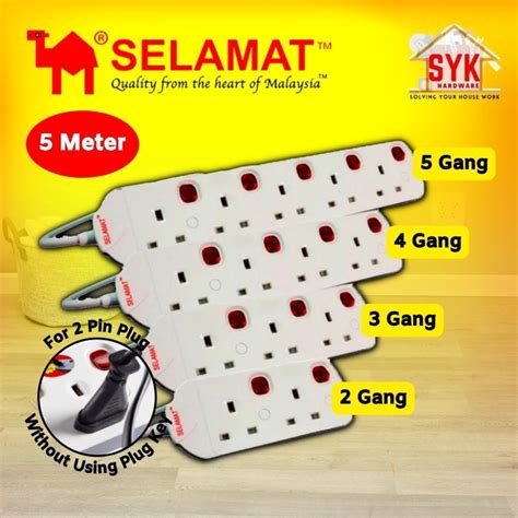 Syk Selamat Trailing Extension Socket Sirim Heavy Duty 2 3 4 5 Gang 5 Meter Extension Plug