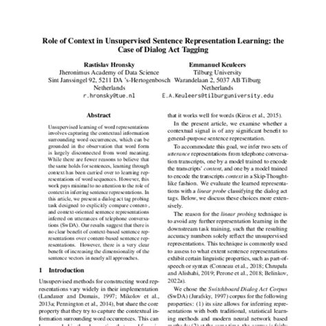Role Of Context In Unsupervised Sentence Representation Learning The Case Of Dialog Act