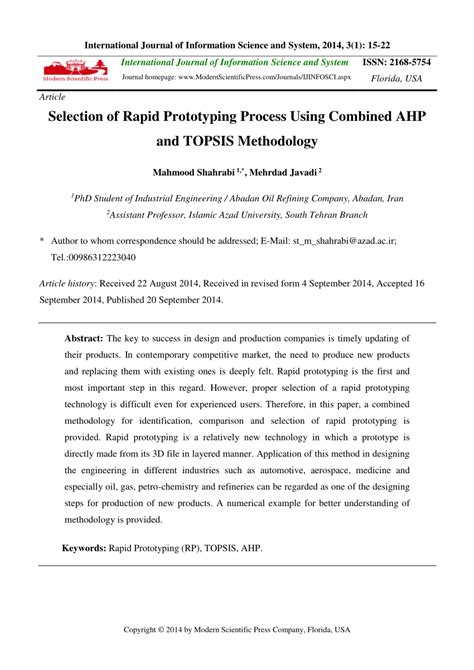 Pdf Selection Of Rapid Prototyping Process Using Combined Ahp And Topsis Methodology