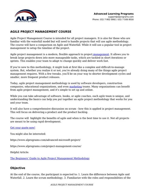 Agile Project Management Course Course Outline Pdf Agile Software Development Scrum