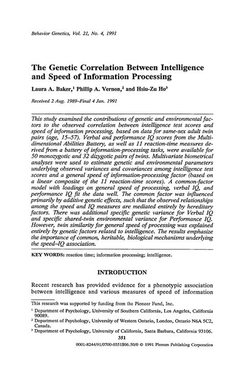 Pdf The Genetic Correlation Between Intelligence And Speed Of Information Processing