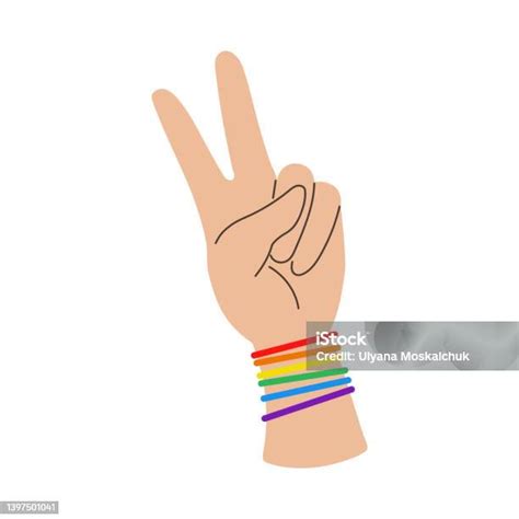 무지개 팔찌가있는 벡터 승리 손 승리 또는 평화의 표시 Lgbtq 클립 아트 자존심의 달 팔찌에 대한 스톡 벡터 아트 및 기타