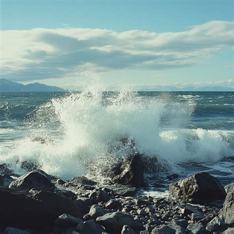 Dynamic Angle Of Waves Crashing On A Rocky Shore Premium Ai Generated Image