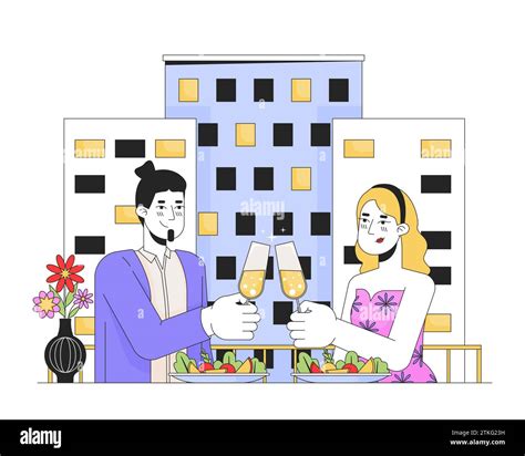 Heterosexual Couple On Date Night Restaurant Line Cartoon Flat
