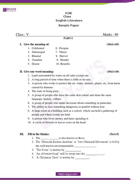 Icse Class 5 English Literature Sample Paper Pdf
