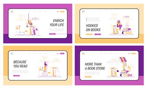 거대한 책 방문 페이지 템플릿 세트와 선반에 작은 문자 읽기 및 교육 개념 사람들은 읽고 공부하고 학생들은 시험을 준비하고