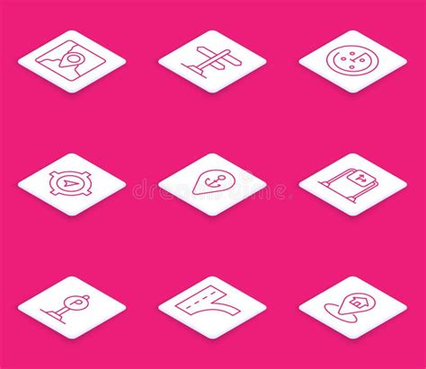 Set Line Folded Map With Location Marker Road Traffic Sign Radar Targets Monitor Compass