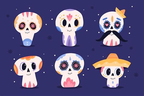 손으로 그린 플랫 디아 드 Muertos 두개골 컬렉션 무료 벡터