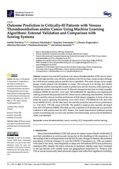 Pdf Outcome Prediction In Critically Ill Patients With Venous Thromboembolism Andor Cancer