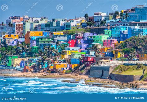 Colorful House Line The Ocean Front In San Juan Puerto Rico Stock