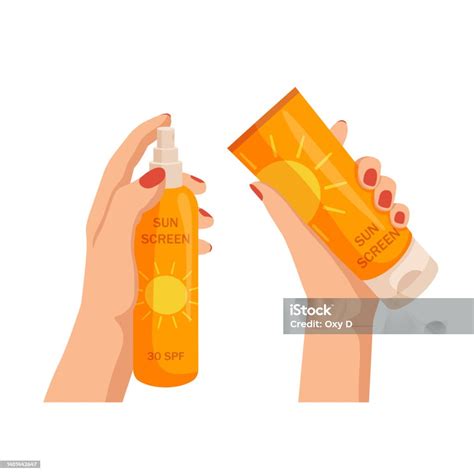 태양 보호 화장품을 들고있는 여성의 손 자외선 차단제 크림과 스프레이 흰색 배경에 고립 된 평면 스타일의 벡터 일러스트레이션